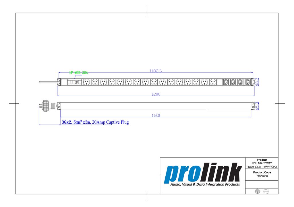 VERTICAL POWER RAIL 20 WAY GPO - 1200MM - 32A CAPTIVE, PDU Power Rails